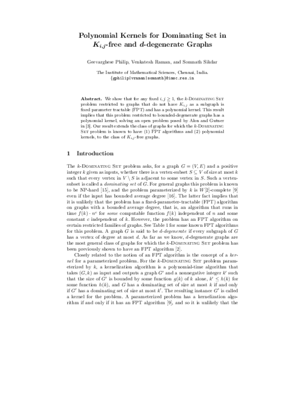 (PDF) Polynomial Kernels for Dominating Set in $K_{i,j}$-free and d-degenerate Graphs