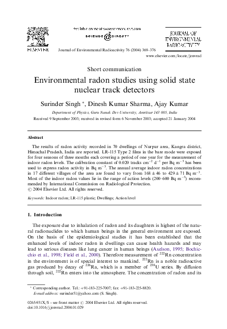 (PDF) Environmental radon studies using solid state nuclear track detectors