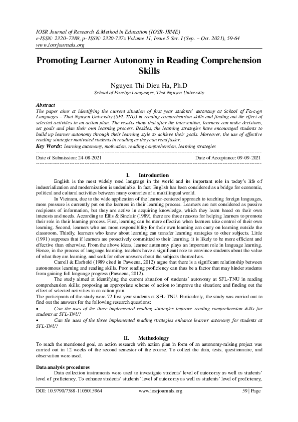 (PDF) Promoting Learner Autonomy in Reading Comprehension Skills