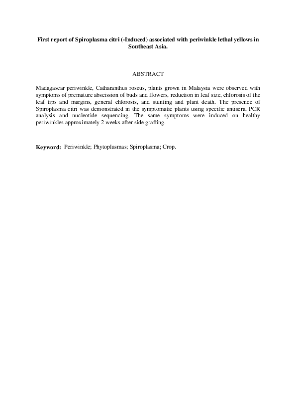(PDF) First Report of Spiroplasma citri (-Induced) Associated with ...