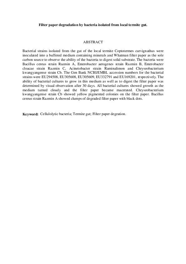 (PDF) Filter Paper Degradation by Bacteria Isolated From Local Termite Gut