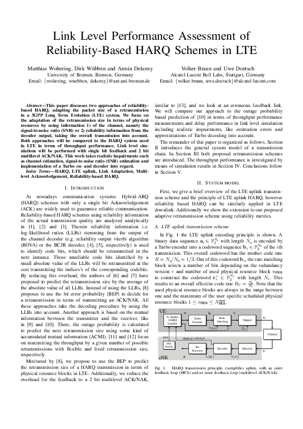 (PDF) Link Level Performance Assessment of Reliability-Based HARQ Schemes in LTE