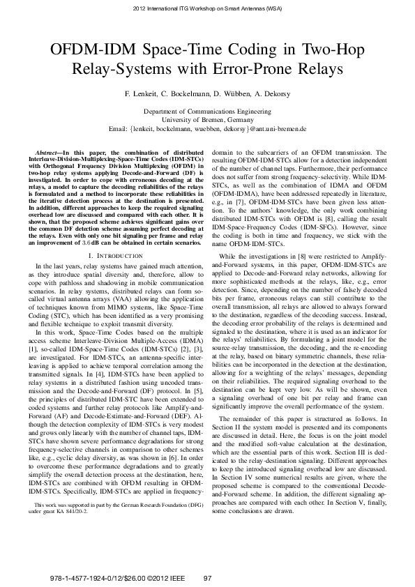 Pdf Ofdm Idm Space Time Coding In Two Hop Relay Systems With Error Prone Relays Dirk Wübben