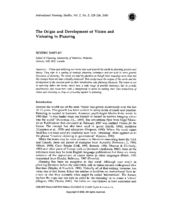 (PDF) The Origin and Development of Vision and Visioning in Planning