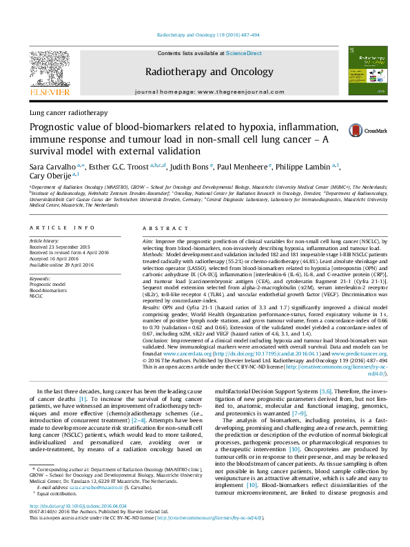 (PDF) Prognostic value of blood-biomarkers related to hypoxia, inflammation, immune response and ...