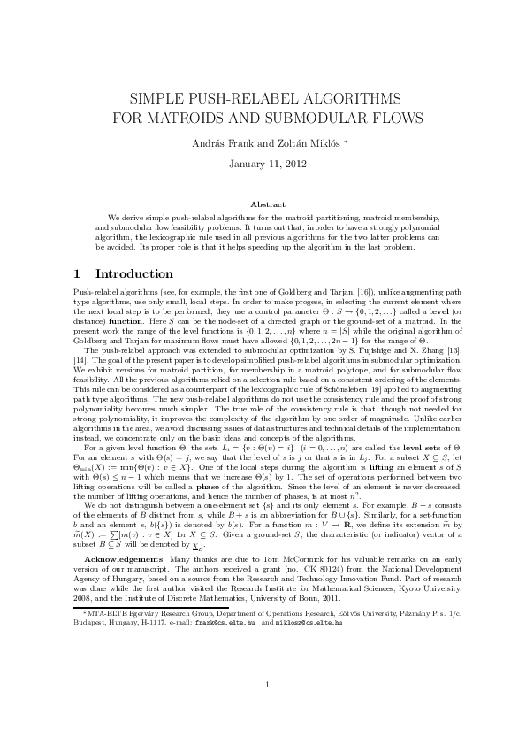 (PDF) Simple push-relabel algorithms for matroids and submodular flows