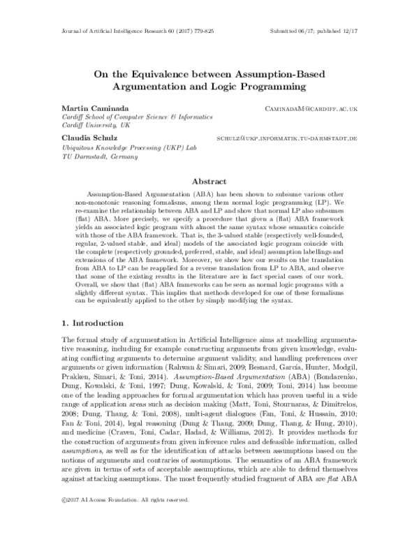 Pdf On The Equivalence Between Assumption Based Argumentation And Logic Programming