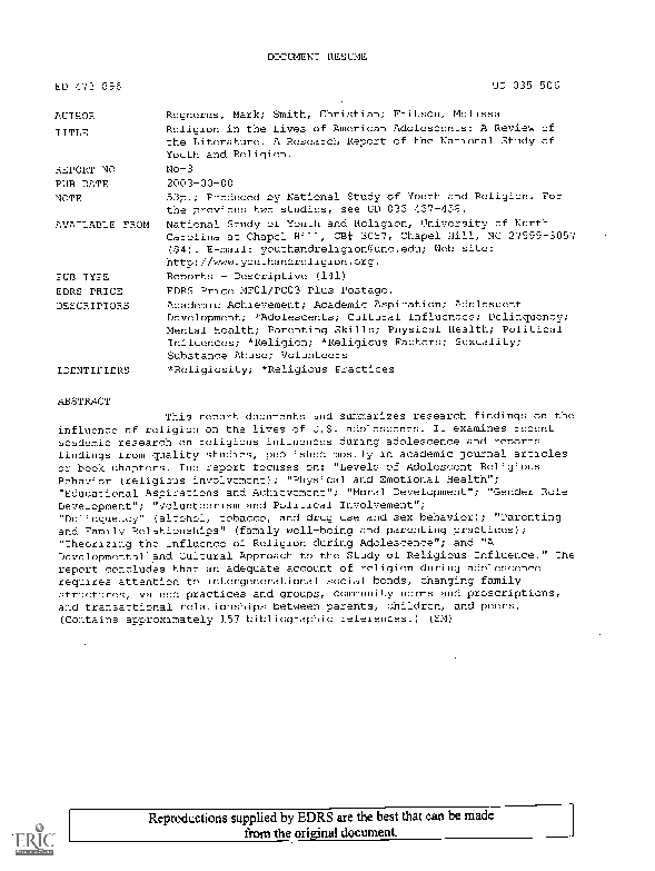 (PDF) Religion in the Lives of American Adolescents: A Review of the ...