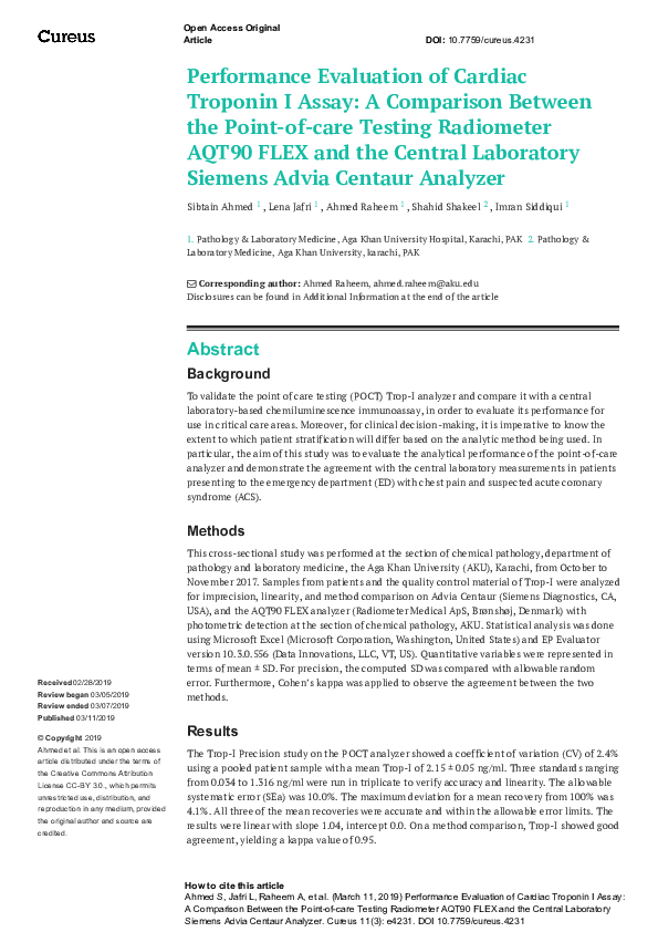 (PDF) Performance Evaluation of Cardiac Troponin I Assay: A Comparison ...