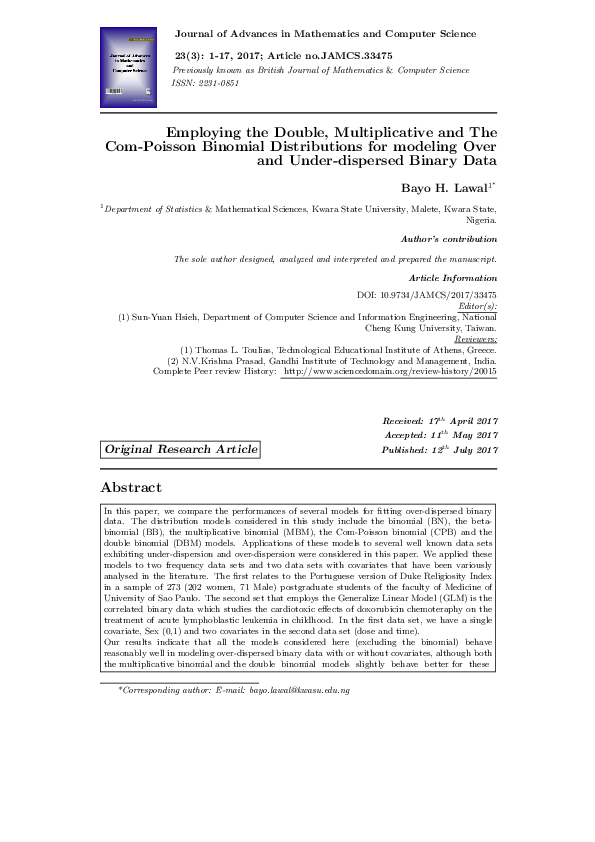 (PDF) Employing the Double, Multiplicative and The Com-Poisson Binomial Distributions for ...