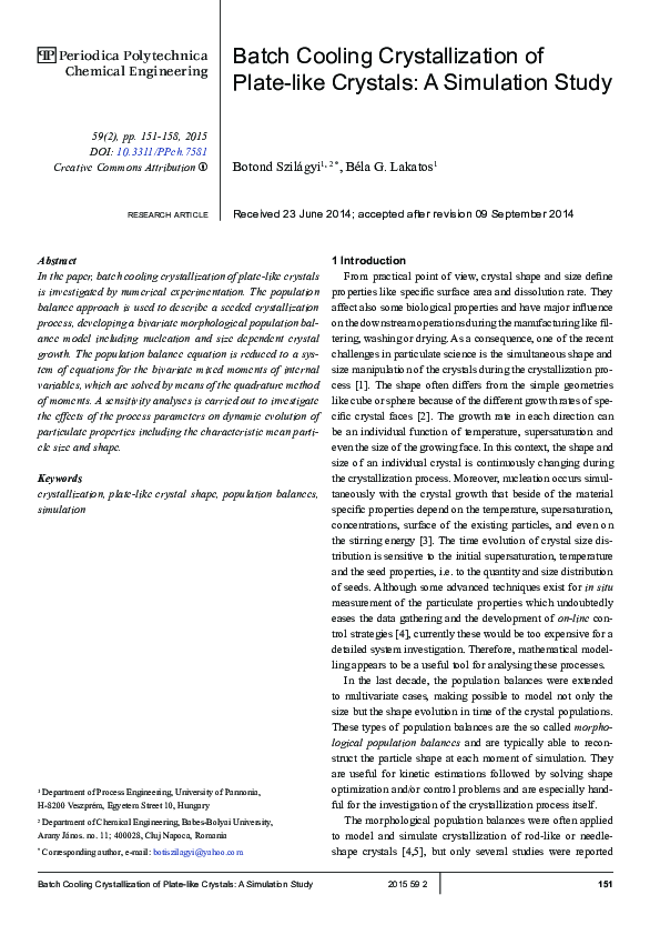 (PDF) Batch Cooling Crystallization of Plate-like Crystals: A Simulation Study