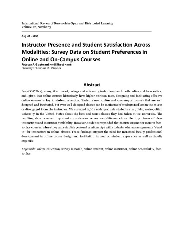 (PDF) Instructor Presence and Student Satisfaction Across Modalities ...