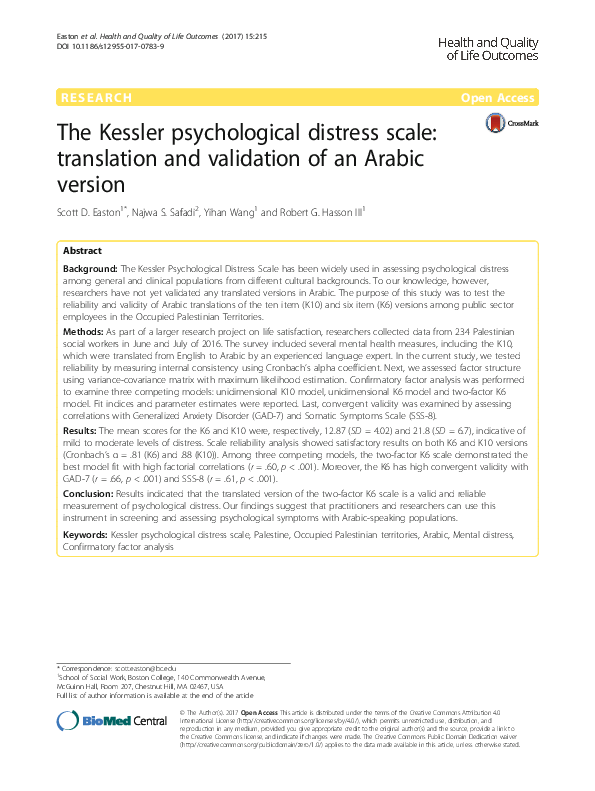 (PDF) The Kessler psychological distress scale: translation and ...