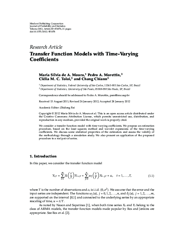 (PDF) Transfer function models with time-varying coefficients