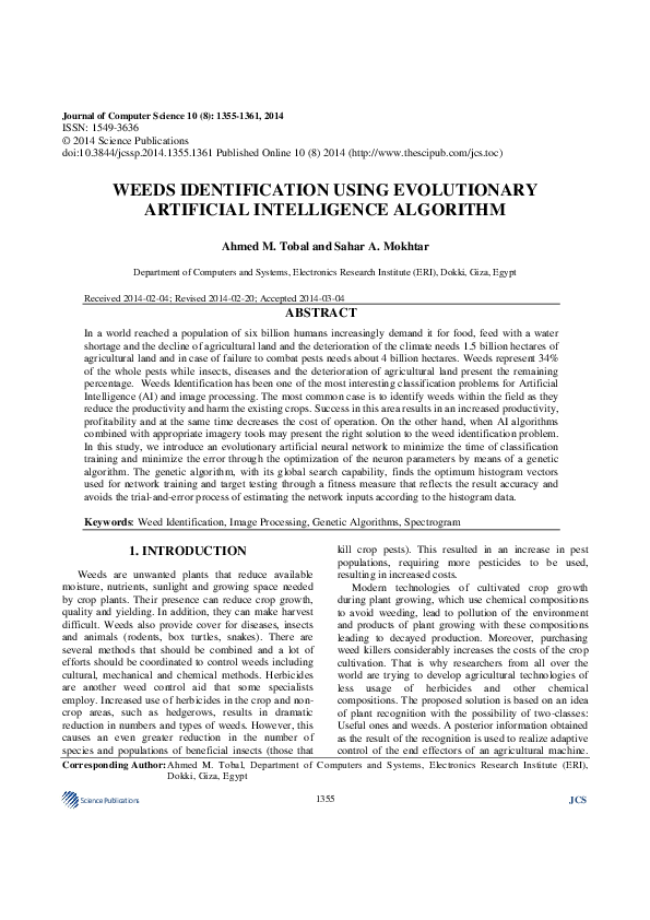 (PDF) Weeds Identification Using Evolutionary Artificial Intelligence Algorithm