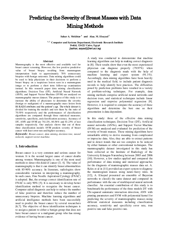 (PDF) Data Mining for Breast Mass Severity Prediction