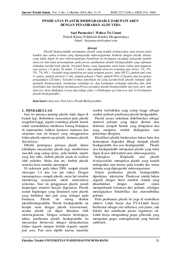 (PDF) Pembuatan Plastik Biodegradable Dari Pati Aren Dengan Penambahan ...