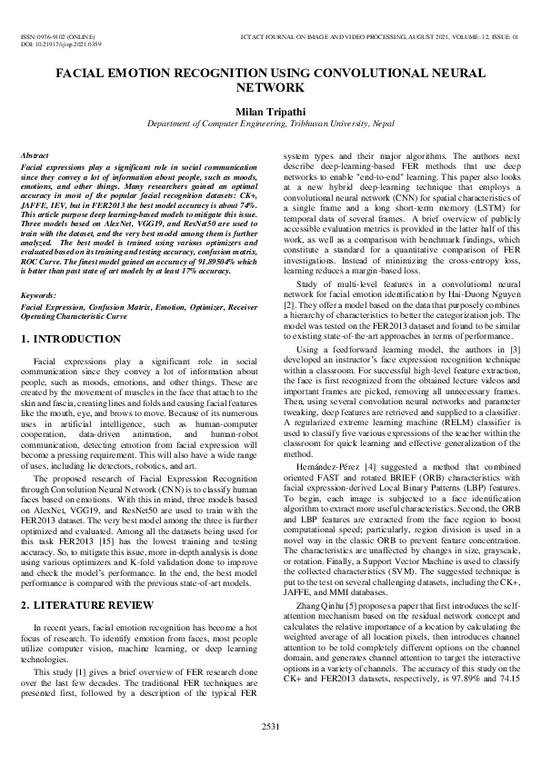 (PDF) FACIAL EMOTION RECOGNITION USING CONVOLUTIONAL NEURAL NETWORK