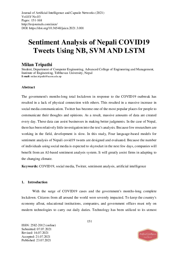 (PDF) Sentiment Analysis of Nepali COVID19 Tweets Using NB, SVM AND LSTM