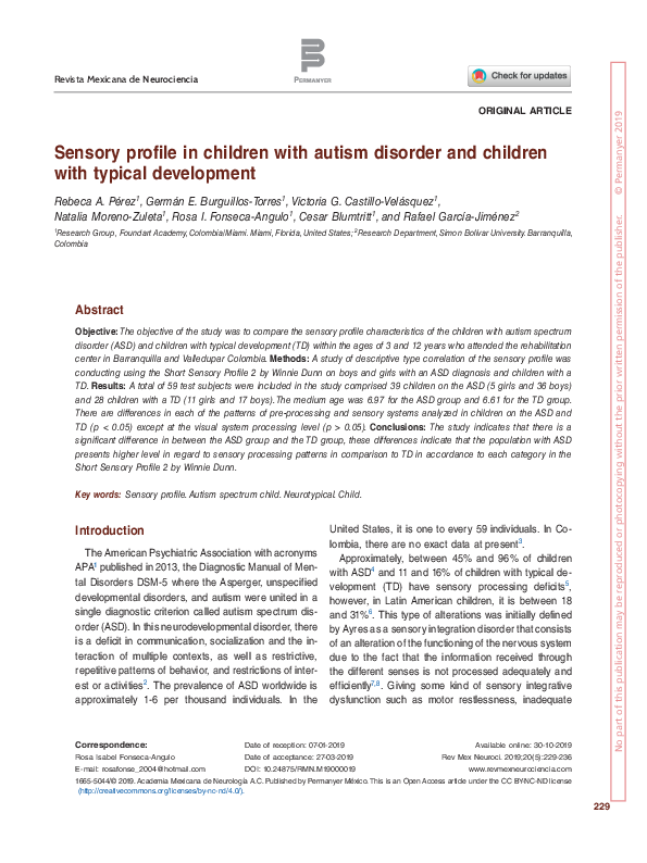 (PDF) Sensory profile in children with autism disorder and children ...