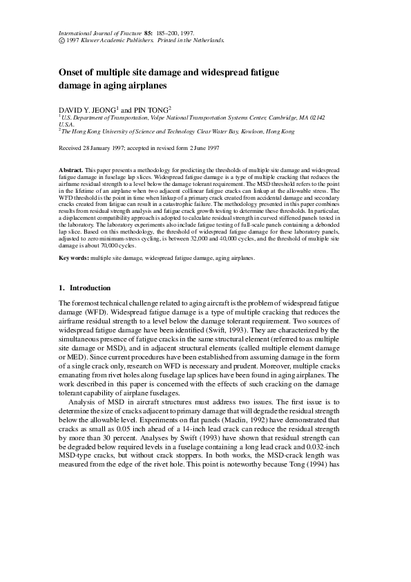 (PDF) Onset of multiple site damage and widespread fatigue damage in ...