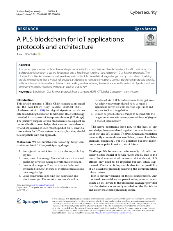 (PDF) A PLS blockchain for IoT applications: protocols and architecture