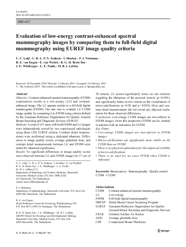 (PDF) Evaluation of low-energy contrast-enhanced spectral mammography ... (PDF) Evaluation of low-energy contrast-enhanced spectral mammography ...