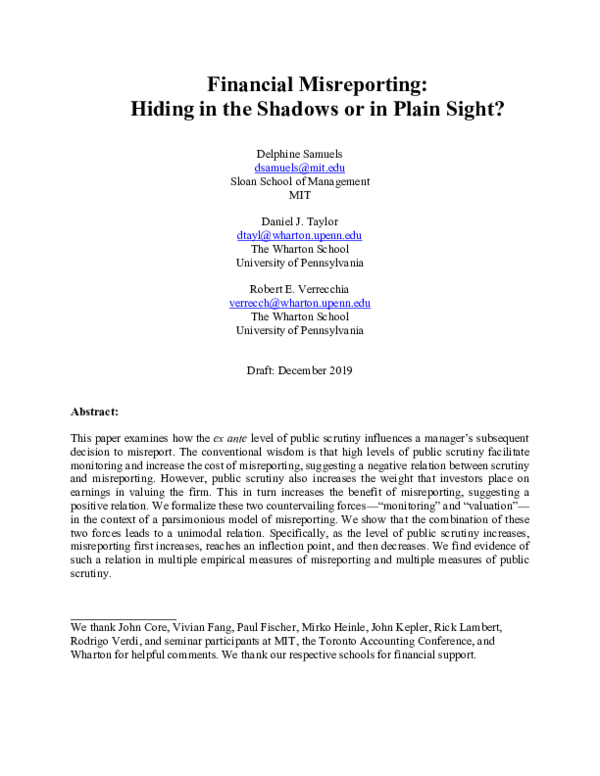 (PDF) Financial Misreporting: Hiding in the Shadows or in Plain Sight?