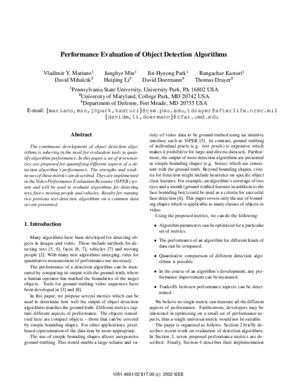 (PDF) Performance evaluation of object detection algorithms