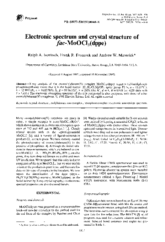 (PDF) Electronic spectrum and crystal structure of fac-MoOCl3(dppe)