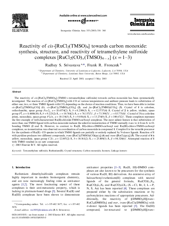 (PDF) Reactivity of cis-[RuCl2(TMSO)4] towards carbon monoxide ...