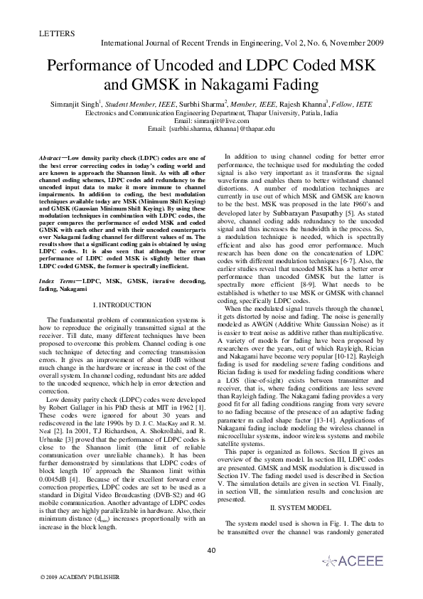 (PDF) Performance of Uncoded and LDPC Coded MSK and GMSK In Nakagami Fading