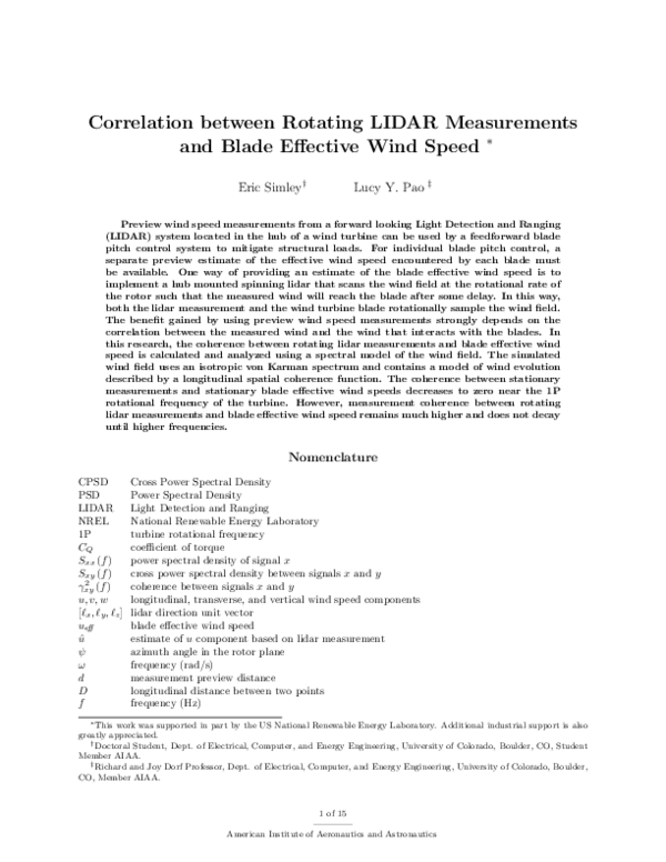 Pdf Correlation Between Rotating Lidar Measurements And Blade Effective Wind Speed