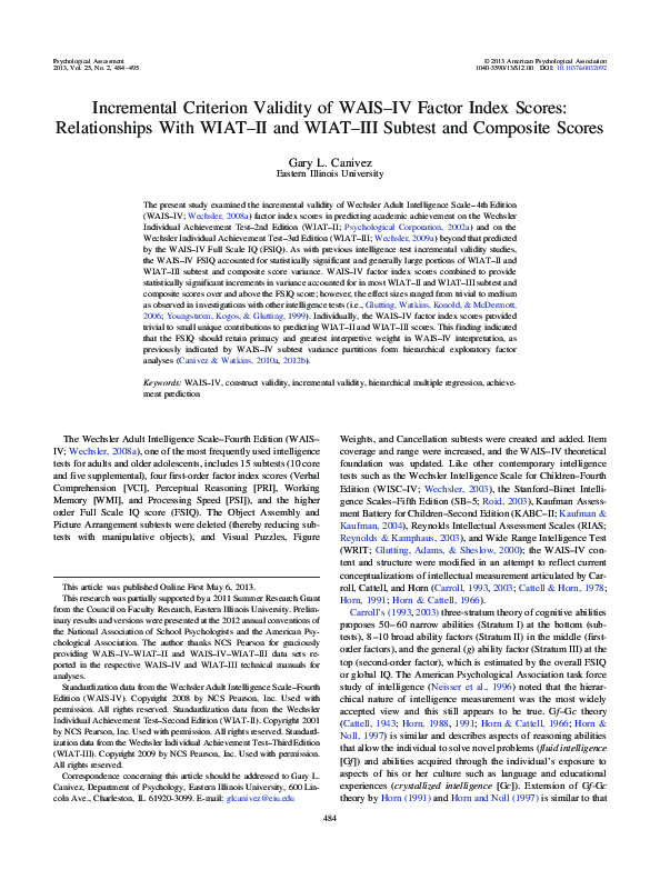 (PDF) Incremental criterion validity of WAIS–IV factor index scores ...