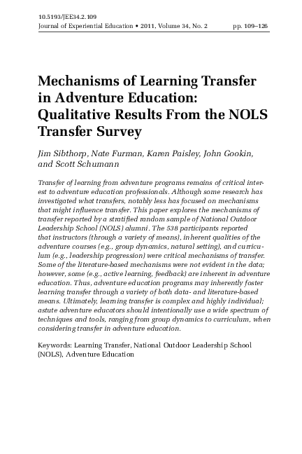 (PDF) Mechanisms of Learning Transfer in Adventure Education ...