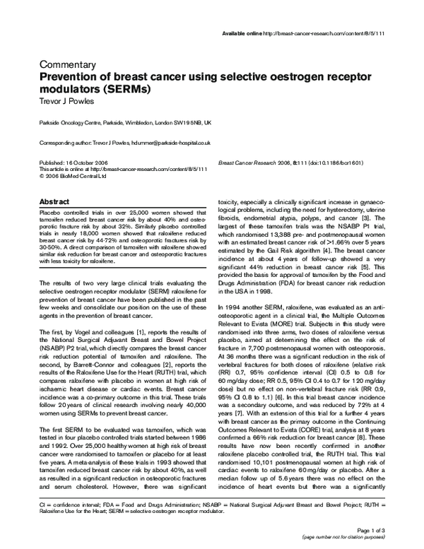 (PDF) Prevention of breast cancer using selective oestrogen receptor ...