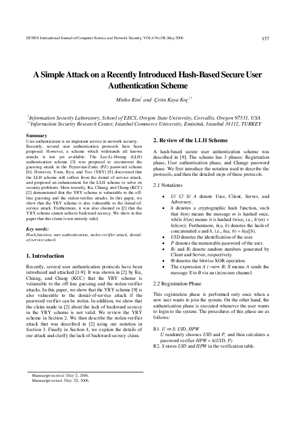 Pdf A Simple Attack On A Recently Introduced Hash Based Strong Password Authentication Scheme