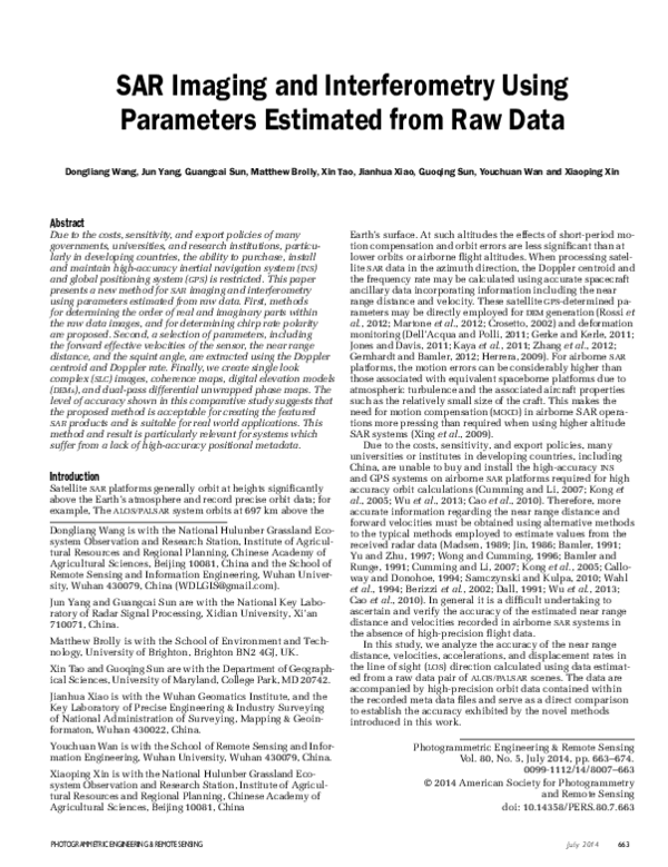 (PDF) SAR Imaging and Interferometry Using Parameters Estimated from Raw Data