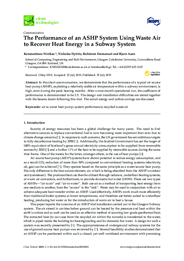 (PDF) The Performance of an ASHP System Using Waste Air to Recover Heat ...