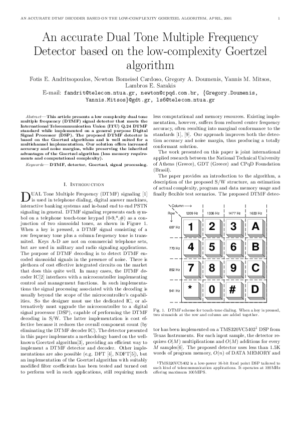 (PDF) An accurate Dual Tone Multiple Frequency Detector based on the low-complexity Goertzel ...