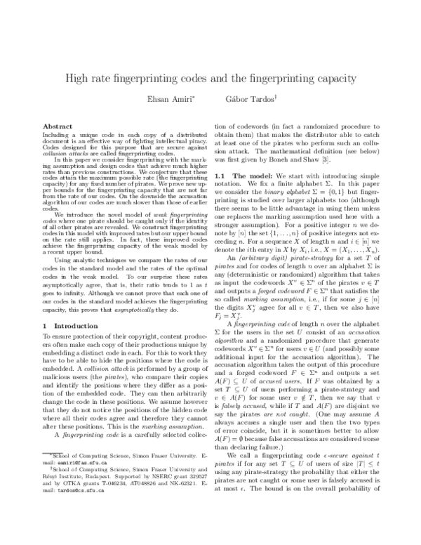 (PDF) High Rate Fingerprinting Codes and the Fingerprinting Capacity