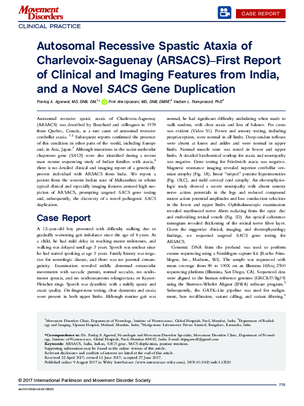 (PDF) Autosomal Recessive Spastic Ataxia of Charlevoix-Saguenay: A Report of MR Imaging in 5 ...