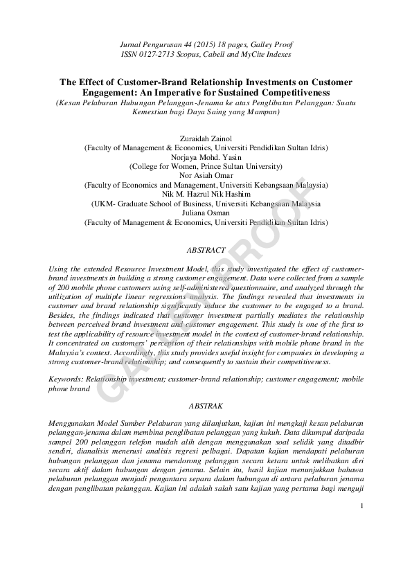 (PDF) The Effect of Customer-Brand Relationship Investments on Customer ...