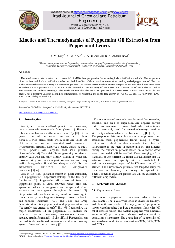 (PDF) Kinetics and Thermodynamics of Peppermint Oil Extraction from ...