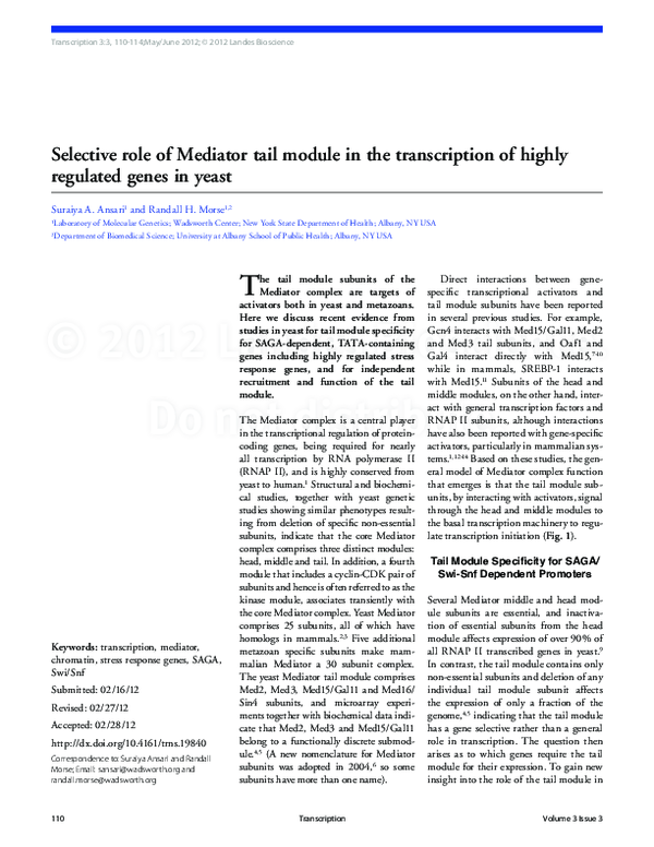 (PDF) Selective role of Mediator tail module in the transcription of ...