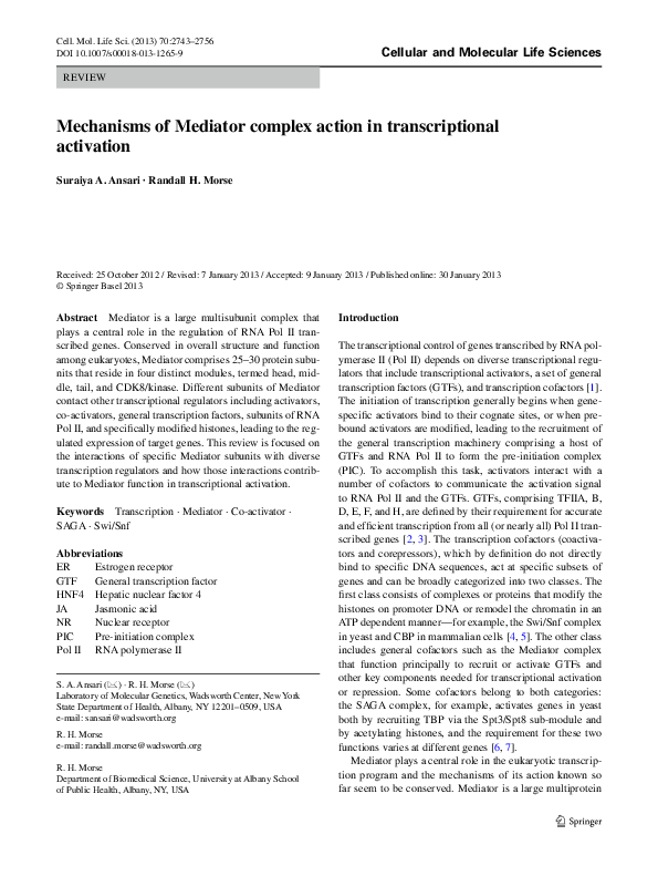 (PDF) Mechanisms of Mediator complex action in transcriptional activation