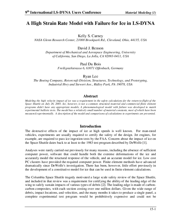 (PDF) A High Strain Rate Model with Failure for Ice in LS-DYNA