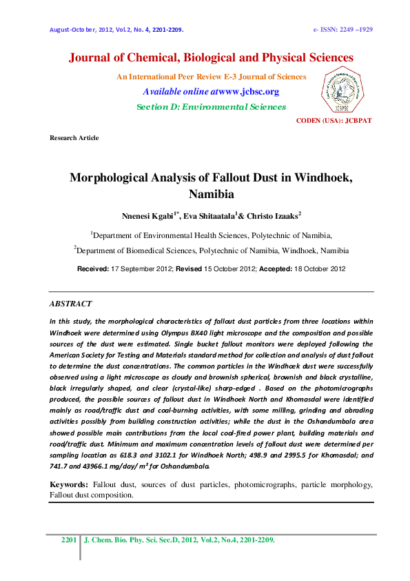 (PDF) Morphological Analysis of Fallout Dust in Windhoek, Namibia
