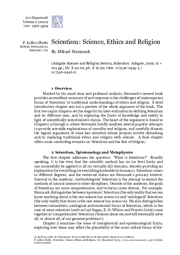 (PDF) Scientism: Science, Ethics and Religion