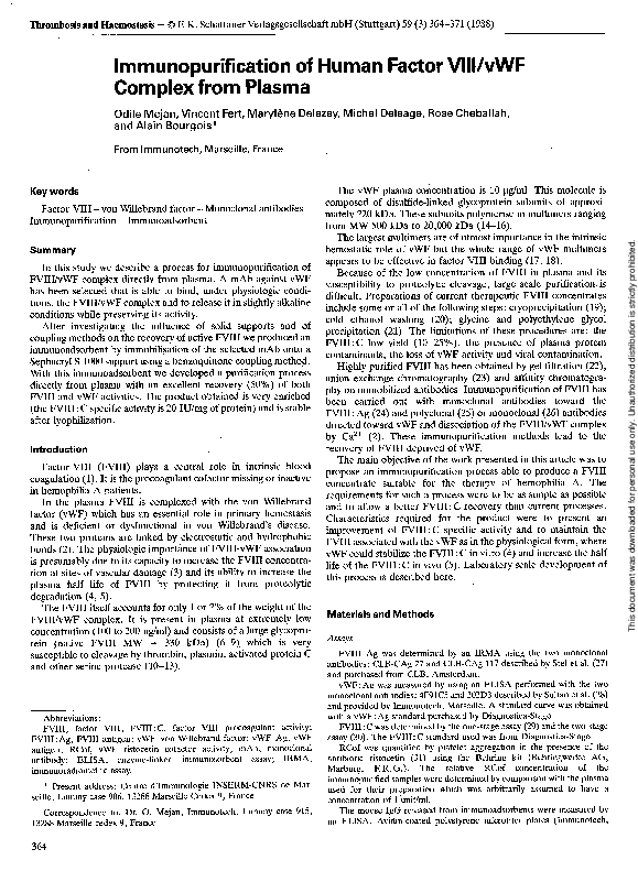 (PDF) Immunopurification of human factor VIII/vWF complex from plasma